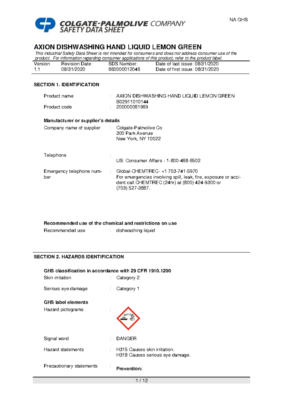 SDS Axion Liquido - FICHA TECNICA - AXION DISHWASHING HAND LIQUID LEMON ...