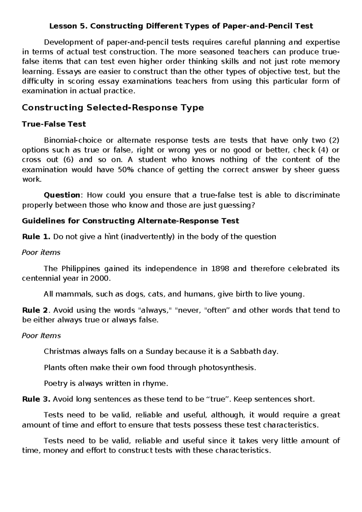 Assessment 1: Lesson 5 - Constructing Effective Test Items - Studocu