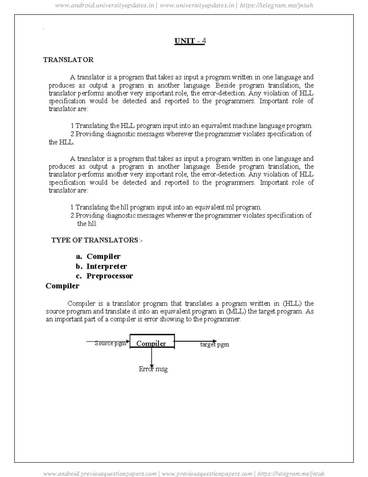 ATCD-Unit4 - Notes - . TRANSLATOR A translator is a program that takes ...