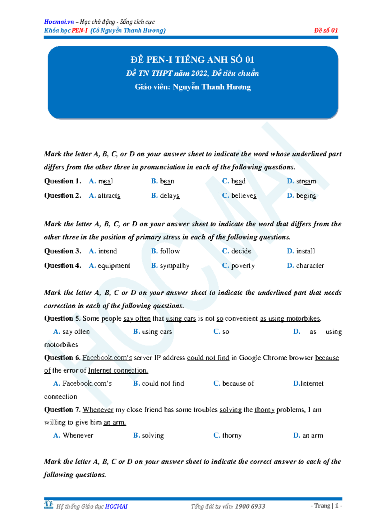 Mon Tieng Anh De so 01 - Khóa học PEN-I (Cô Nguyễn Thanh Hương) Đề số ...