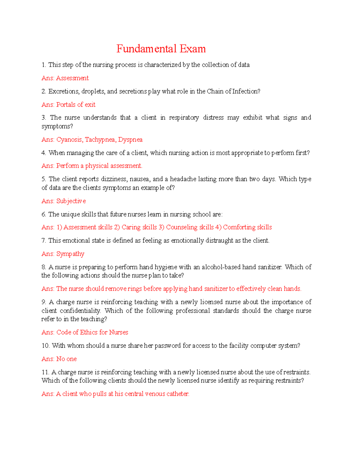 NUR 101 Fundamental Exam Review - Key Concepts & Practice Questions - Studocu