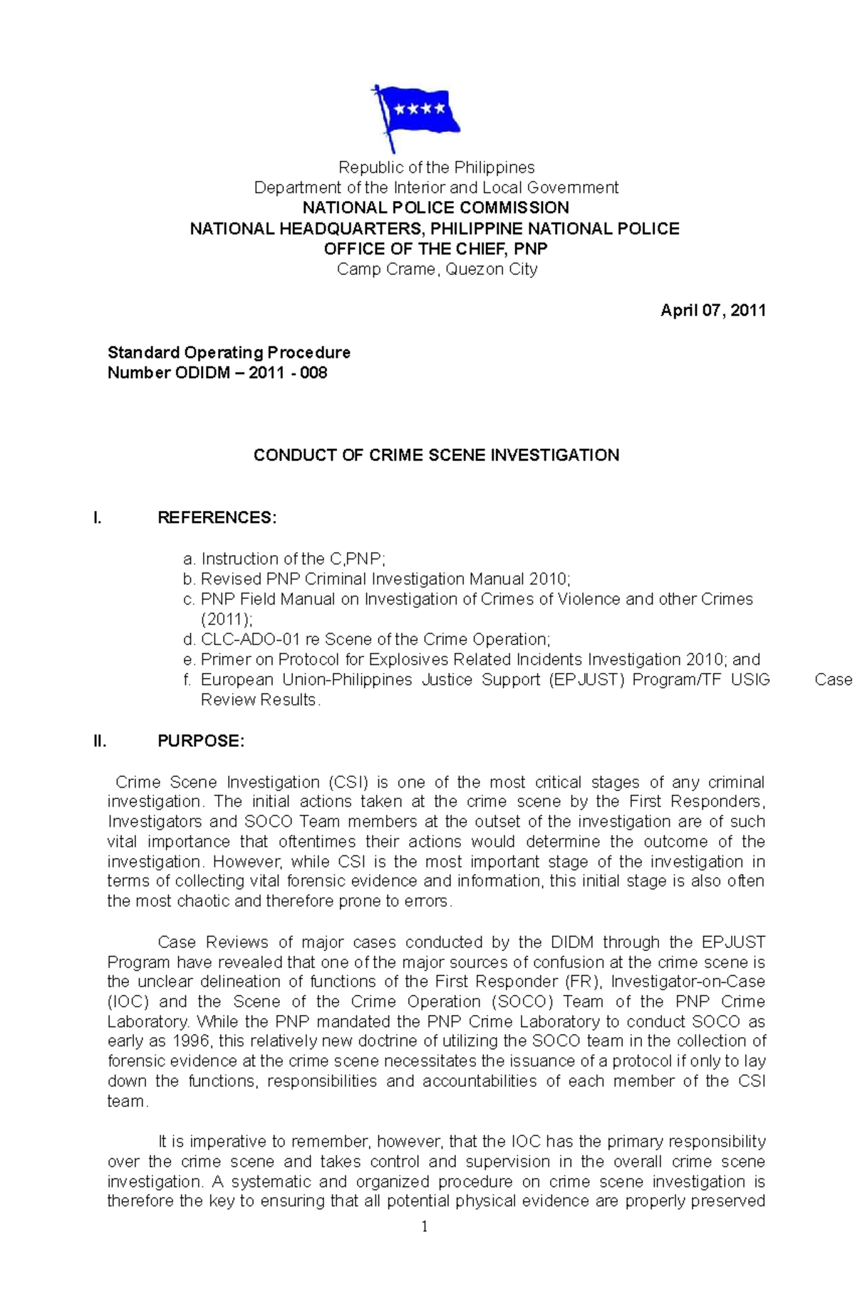 SOP ODIDM-2011-008: Conduct of Crime Scene Investigation Procedures ...