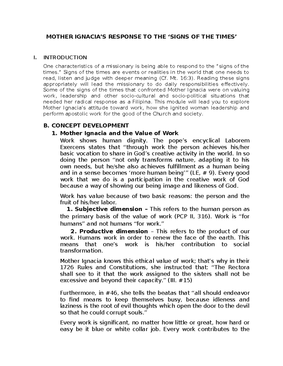 Module 2: Mother Ignacia's Missionary Leadership and Work Ethics - Studocu