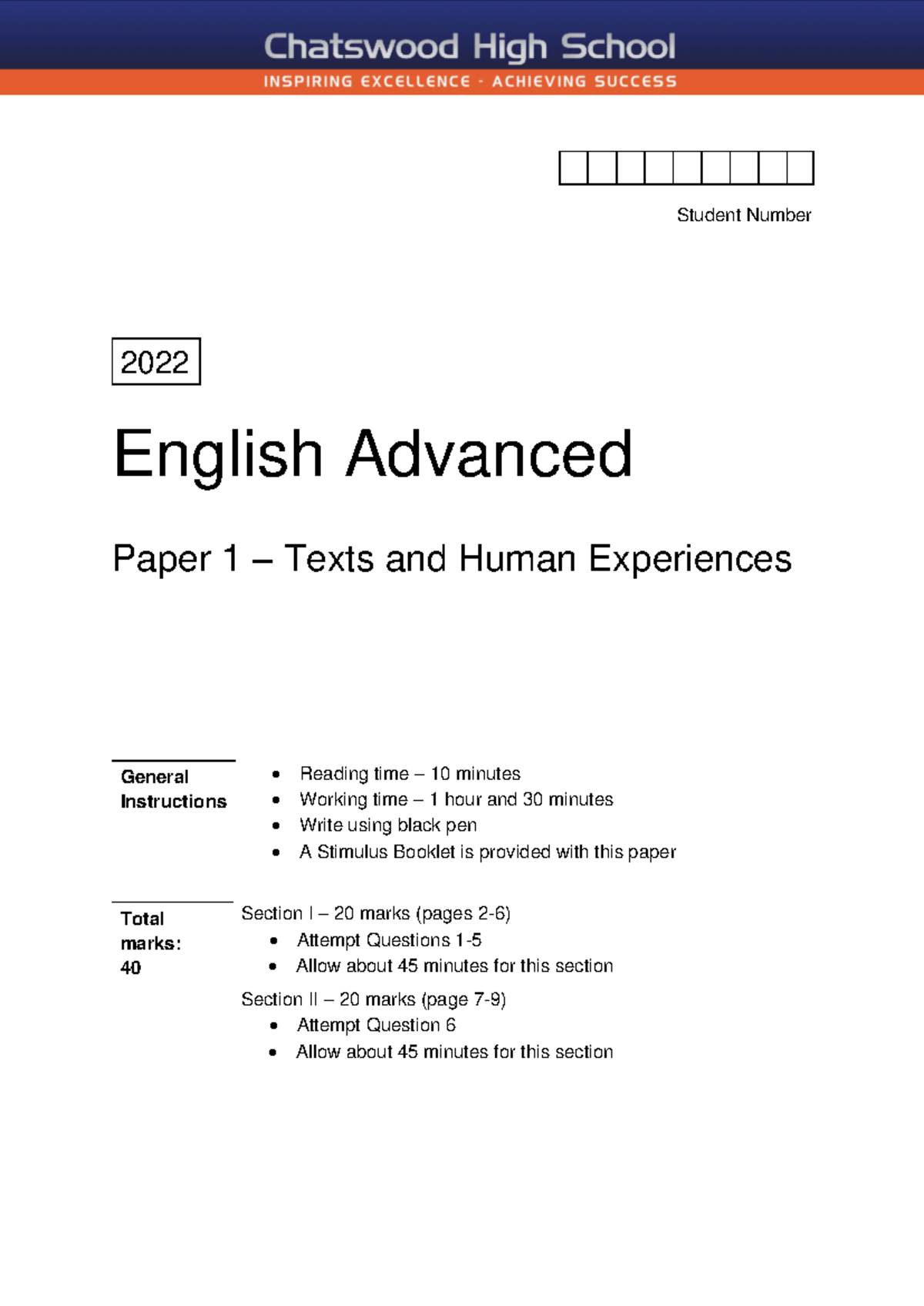 Chatswood HS English Advanced Paper 1 2022 - Student Number 2022 ...