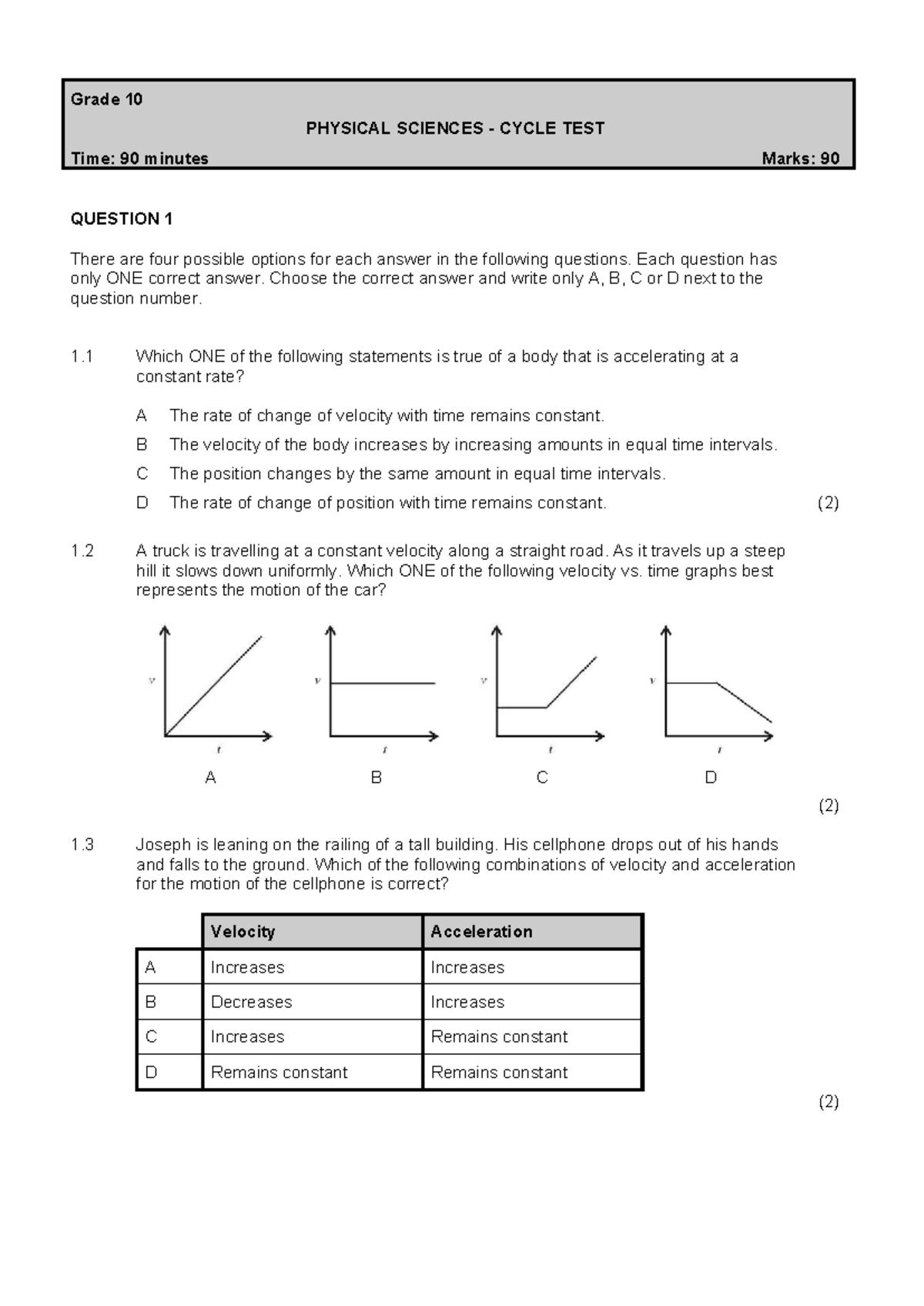 Grade 10 PHYSICAL SCIENCES Term 1 Cycle Test Questions - Studocu