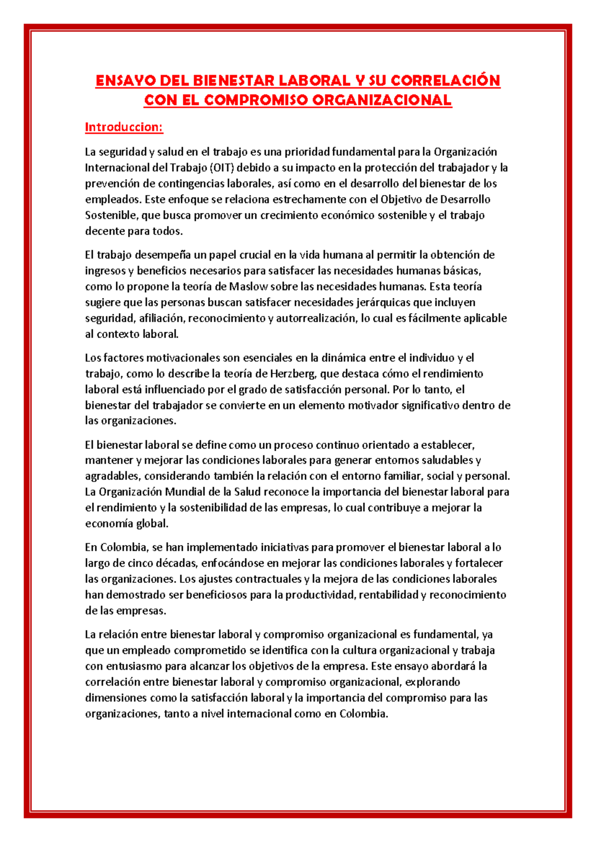 Ensayo sobre Bienestar Laboral y Compromiso Organizacional - Studocu