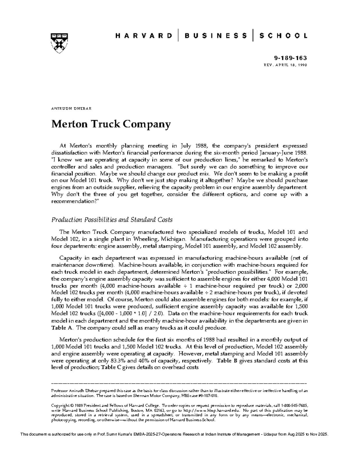 Merton Truck Company Case Study: Production Mix Analysis (IIMU) - Studocu