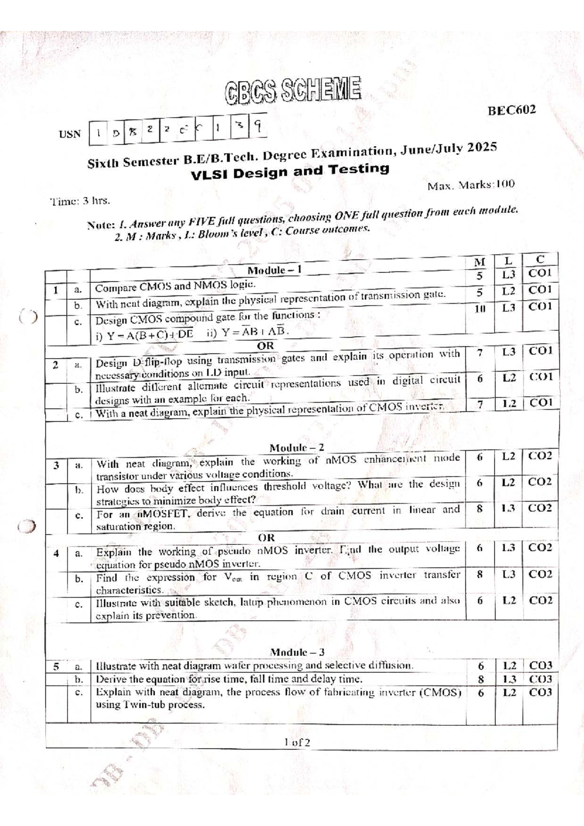 BEC602 VLSI Design & Testing Model Question Paper - Sixth Sem Exam 2025 ...