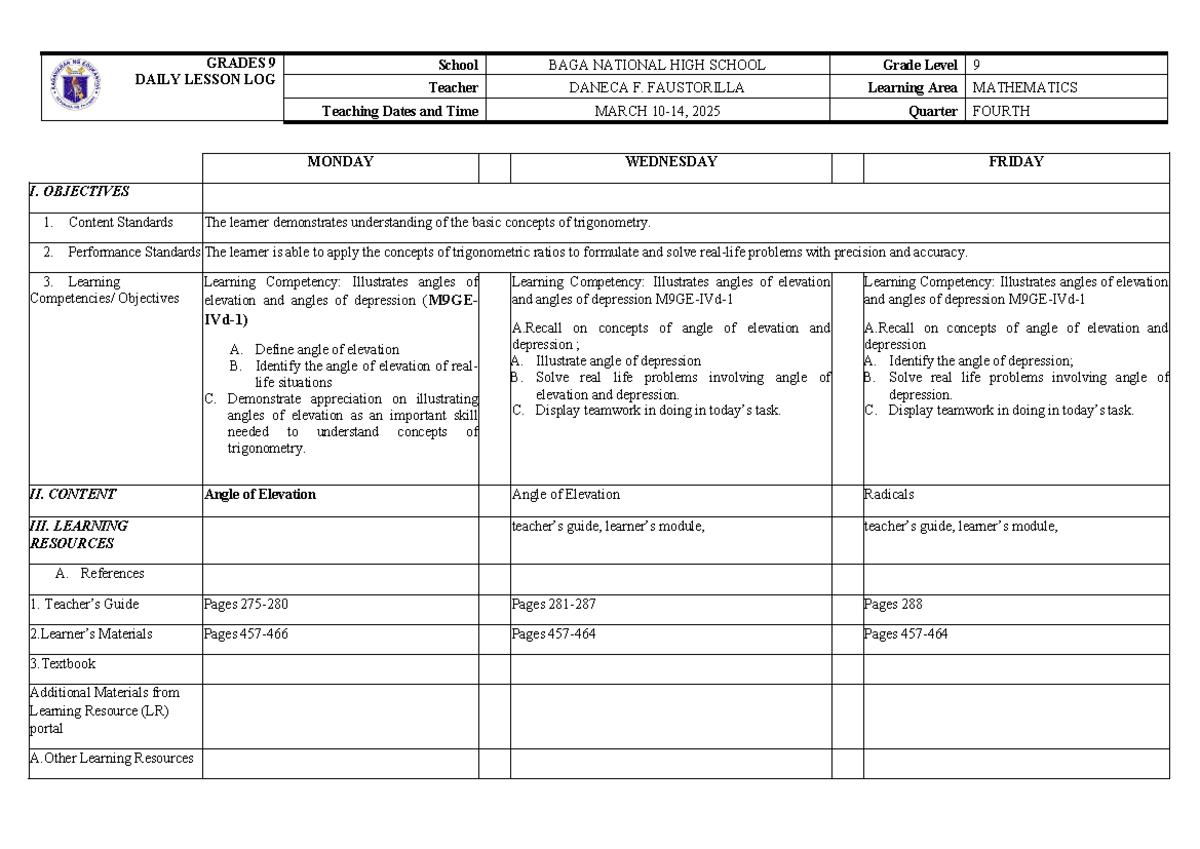 March 10-14, 2025 - LESSON PLAN - GRADES 9 DAILY LESSON LOG School BAGA ...