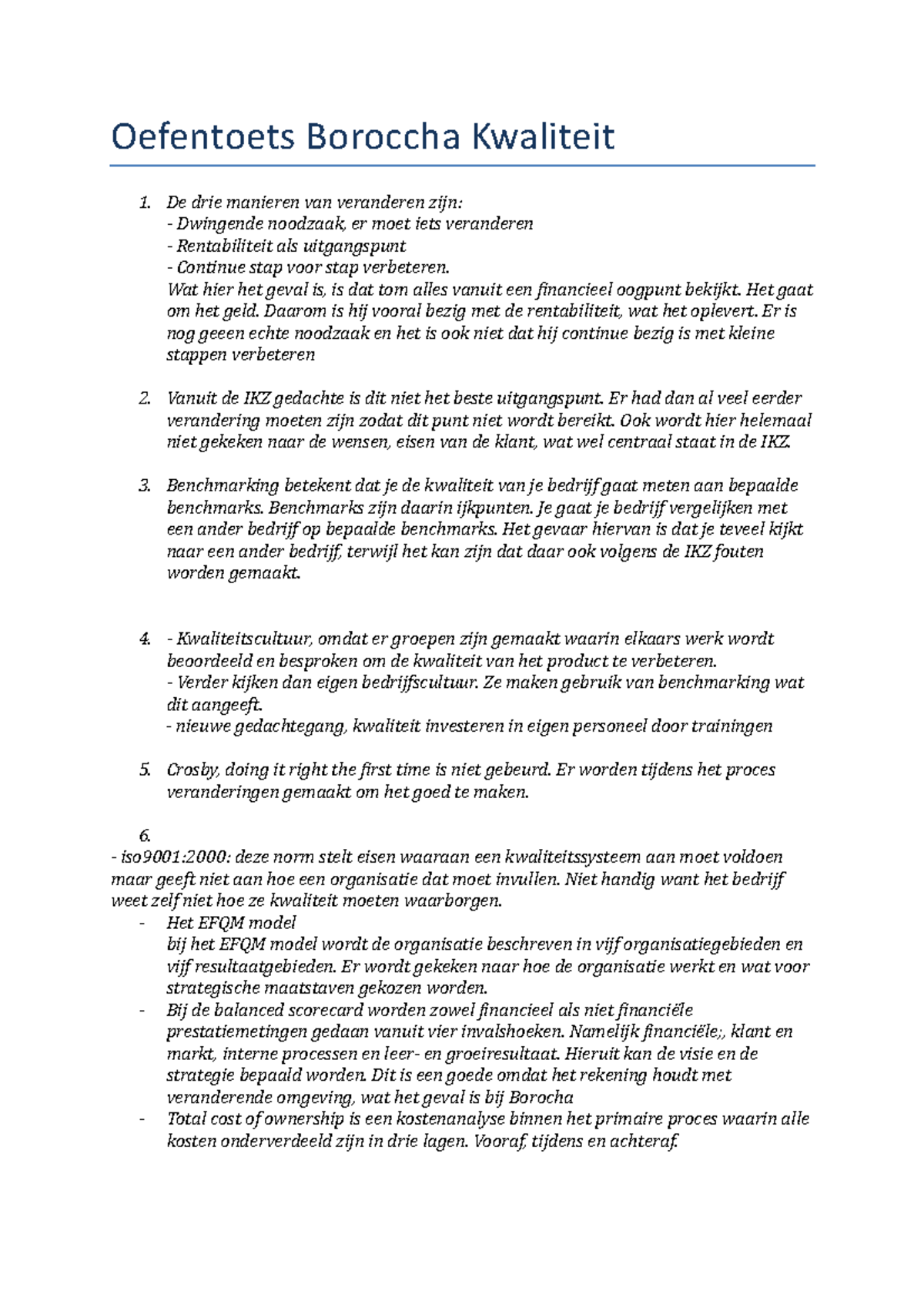 Oefentoets Kwaliteitsmanagement Boroccha - Begrippen en Modellen ...