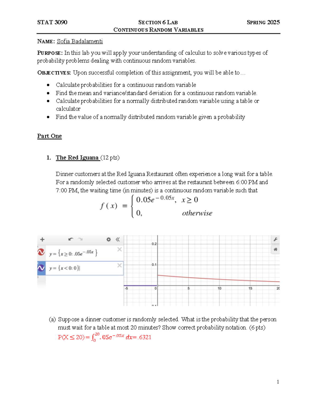 STAT 3090 SECTION 6 LAB: Continuous Random Variables Analysis - Studocu