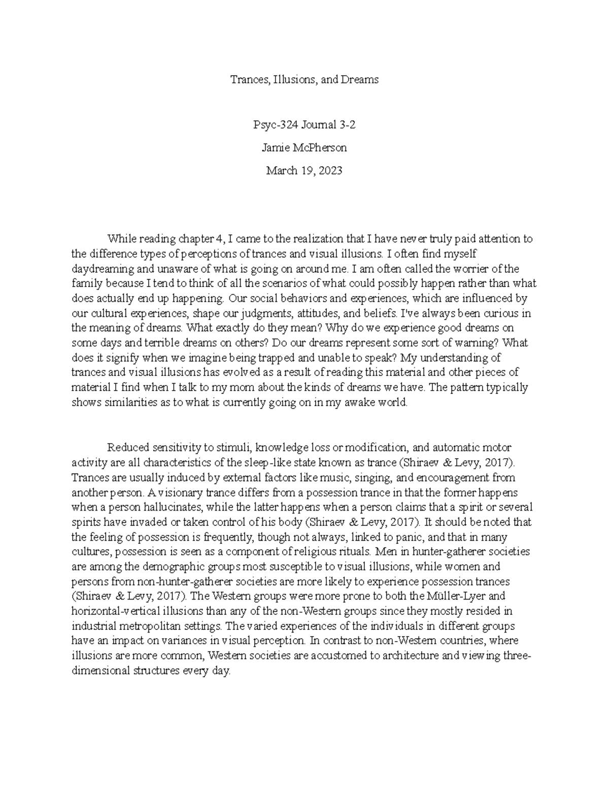 Psyc-324 Journal 3-2: Insights on Trances, Illusions, and Dreams - Studocu