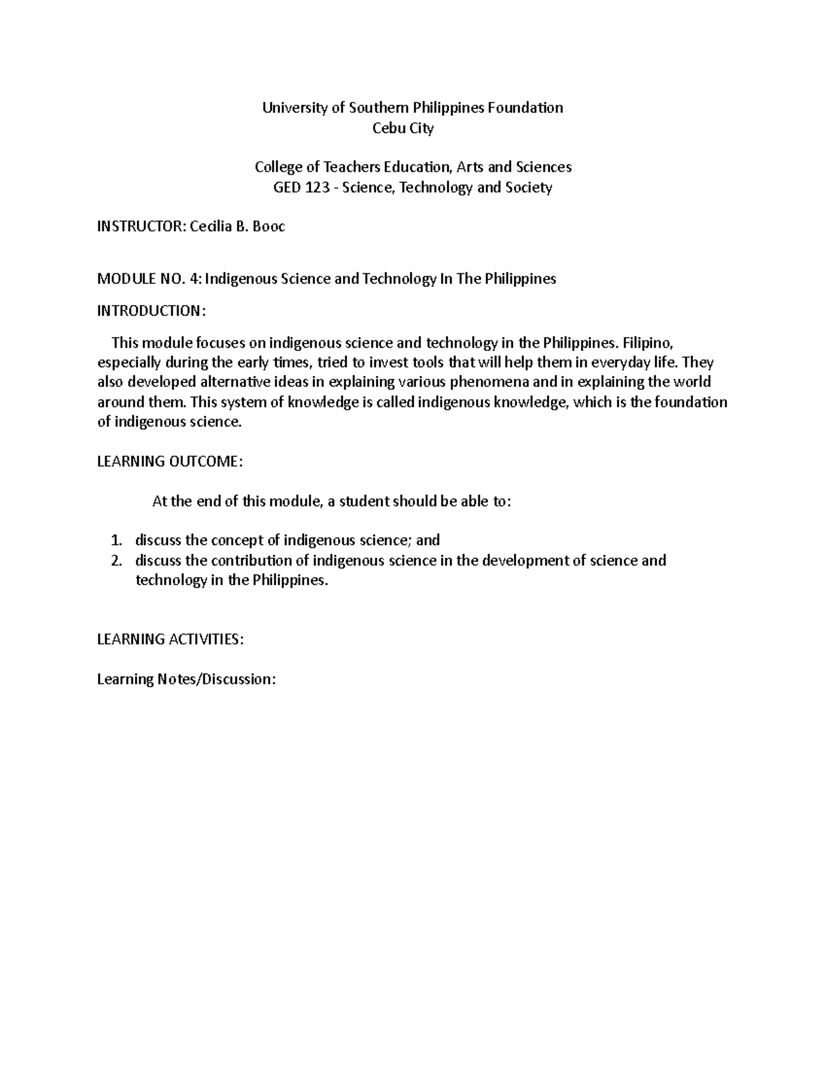 STS-Module-4 - Lecture notes 4 - University of Southern Philippines ...