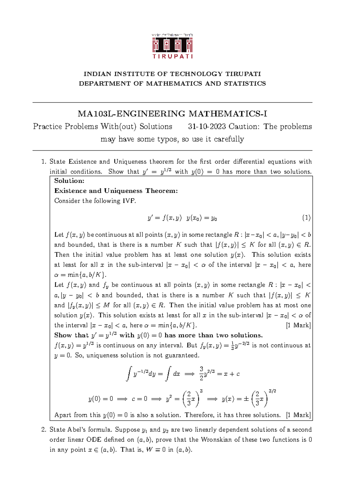 Practice Problems ODE - INDIAN INSTITUTE OF TECHNOLOGY TIRUPATI ...