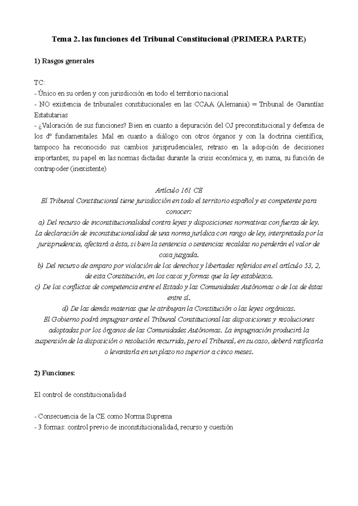 Tema 2: Funciones del Tribunal Constitucional (1ª Parte) - Análisis y ...
