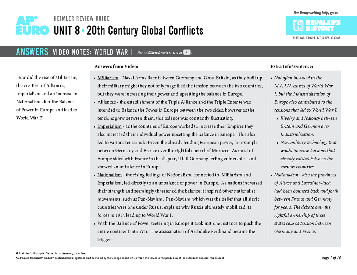 AP EURO HRG Unit 8 Noteguide: 20th Century Global Conflicts Summary ...