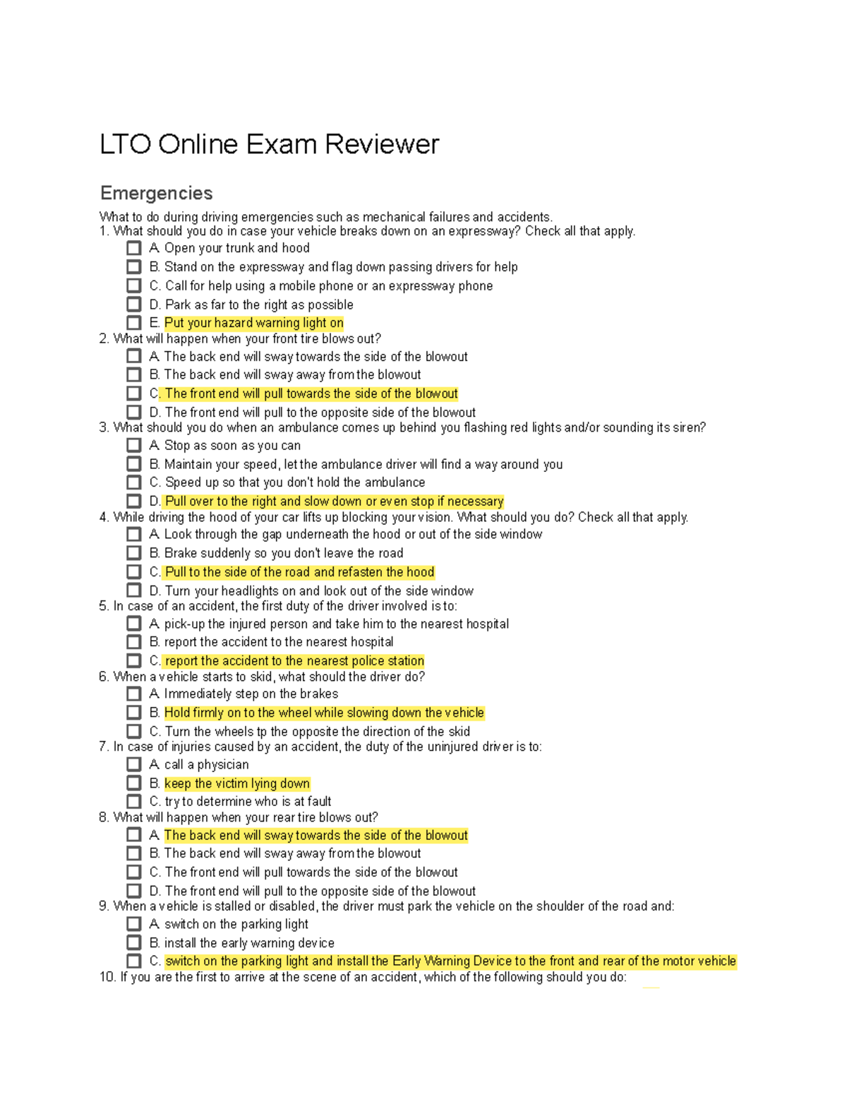 LTO Online Exam Reviewer - LTO Online Exam Reviewer Emergencies What to ...