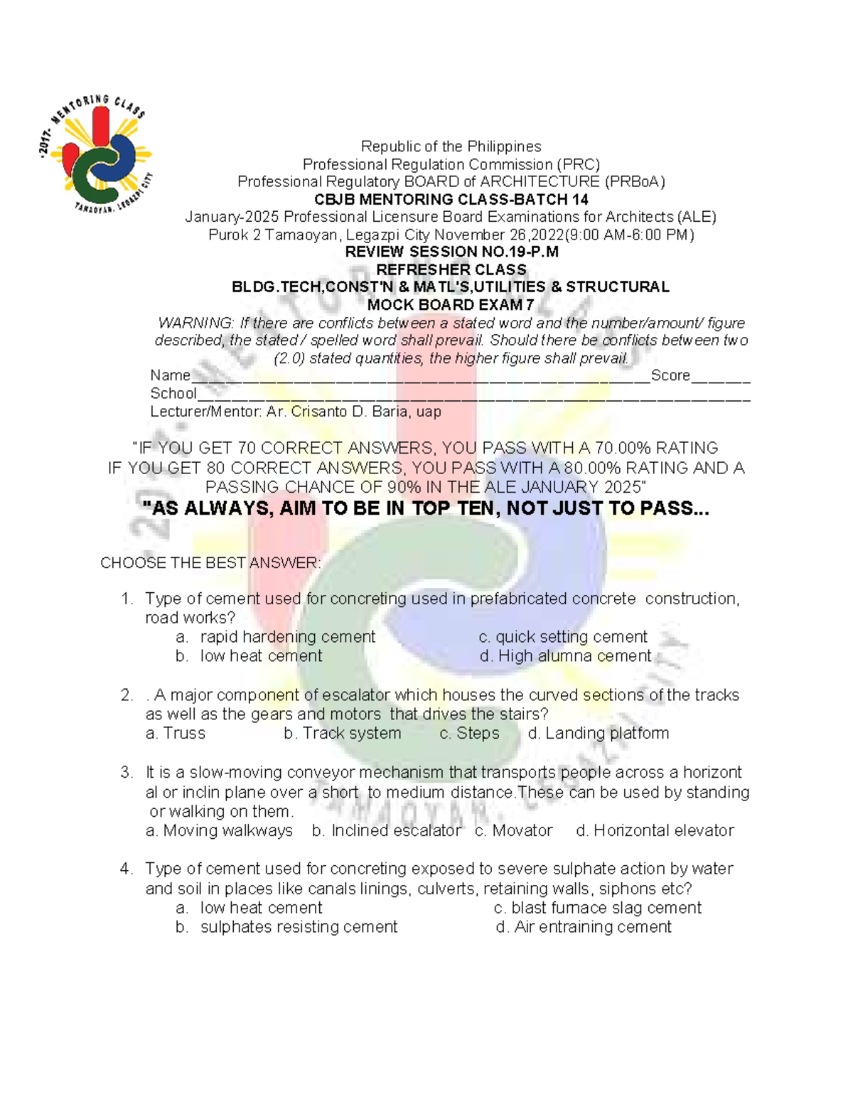 Refresher BT mock 7 - answer - Republic of the Philippines Professional Regulation Commission ...