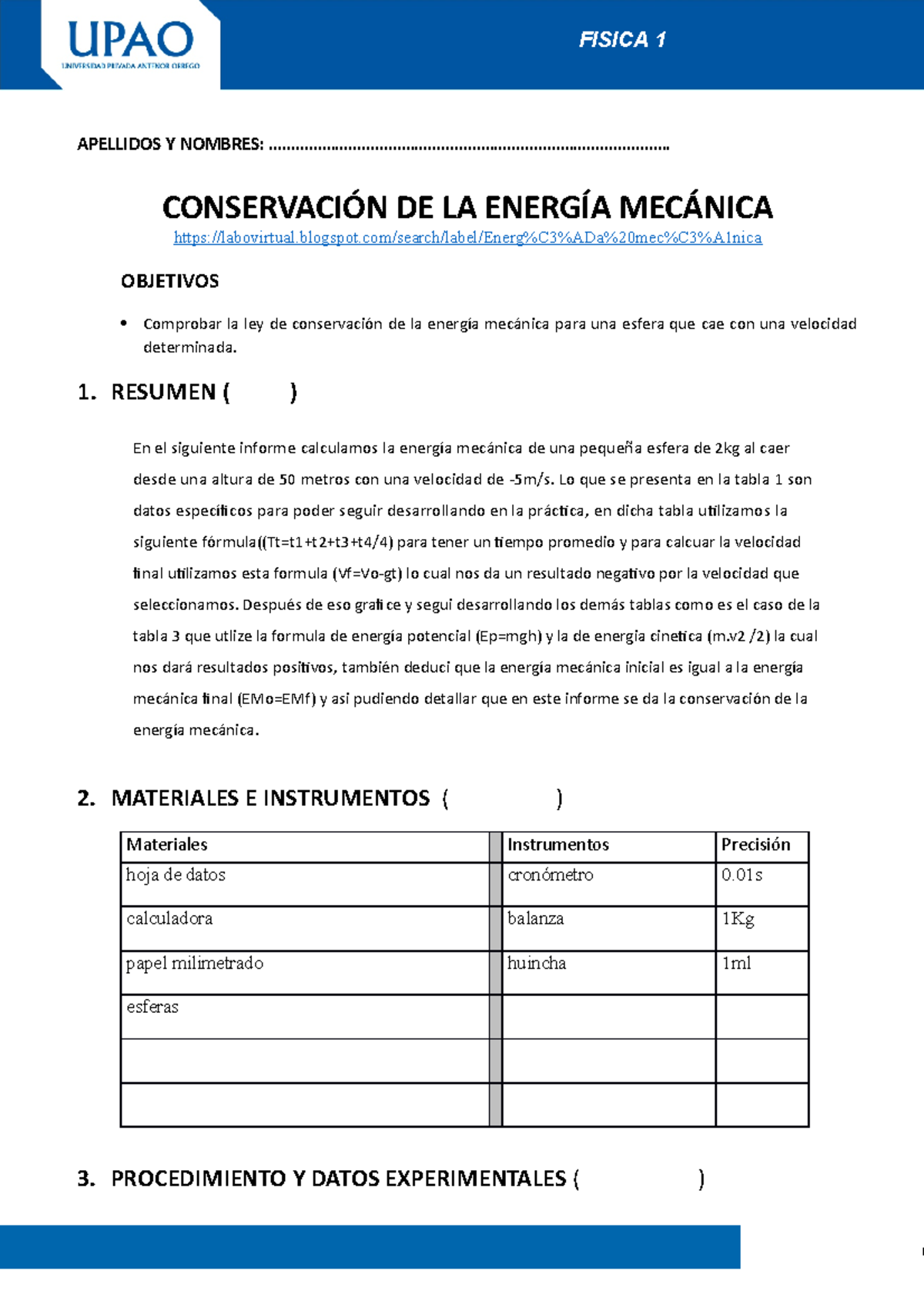 Conservacion DE LA Energia Mecanica - APELLIDOS Y NOMBRES: - Studocu