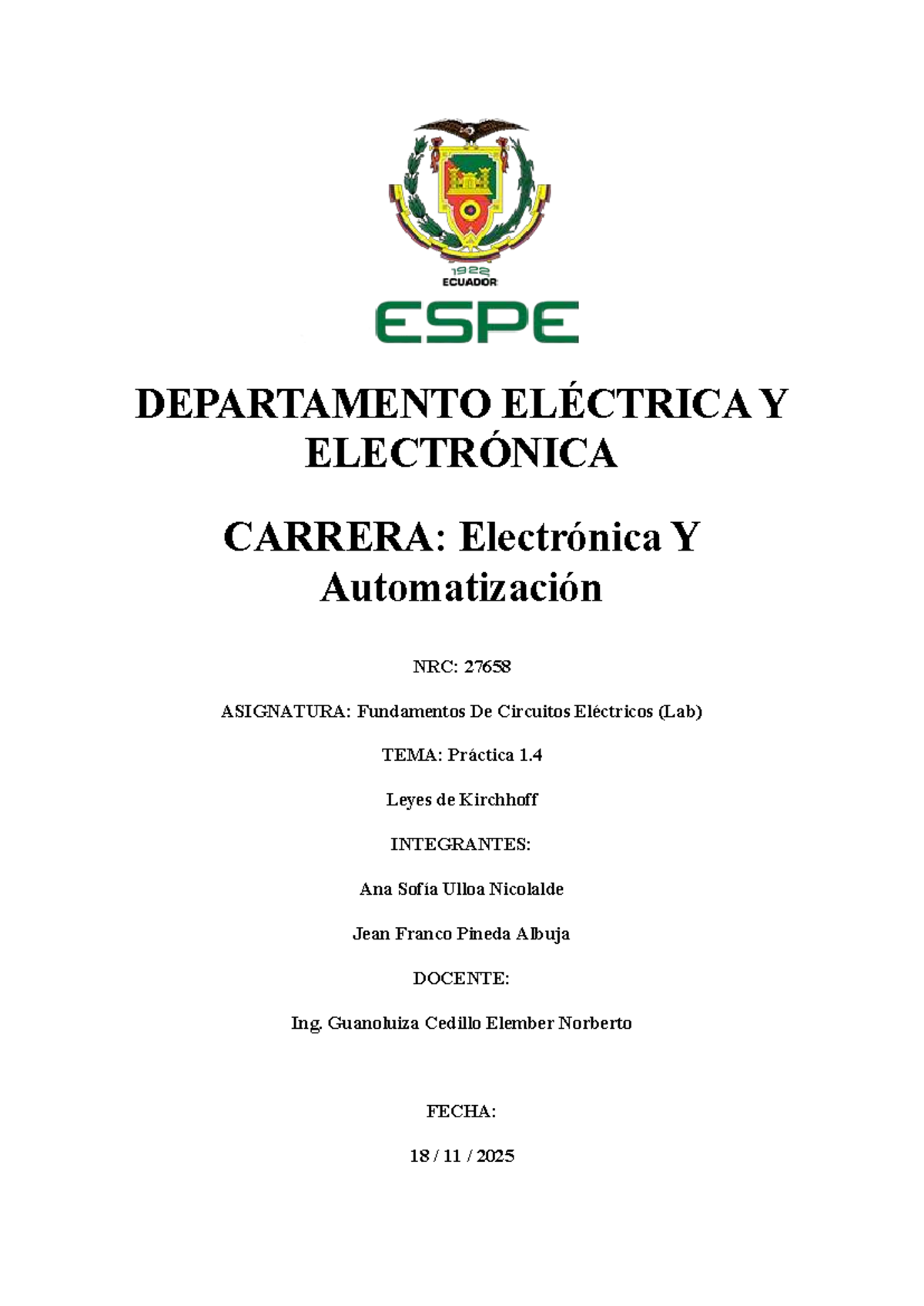 Informe de Laboratorio 1: Leyes de Kirchhoff - Fundamentos de Circuitos ...