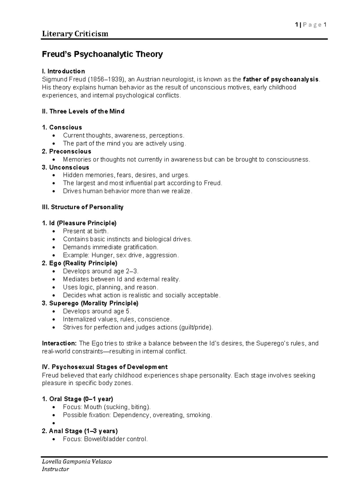 Psychoanalytic Theory Overview - Literary Criticism (Lrlelle) - Studocu
