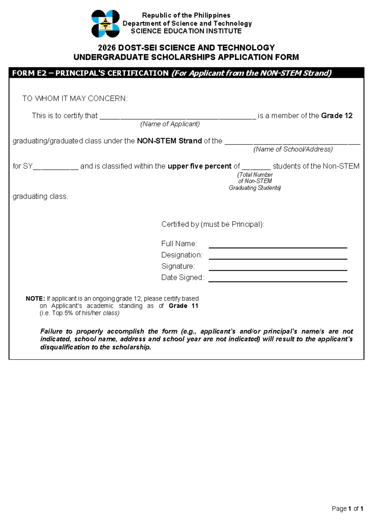 2026 DOST-SEI S&T Undergraduate Scholarship Application Form E2 - Studocu