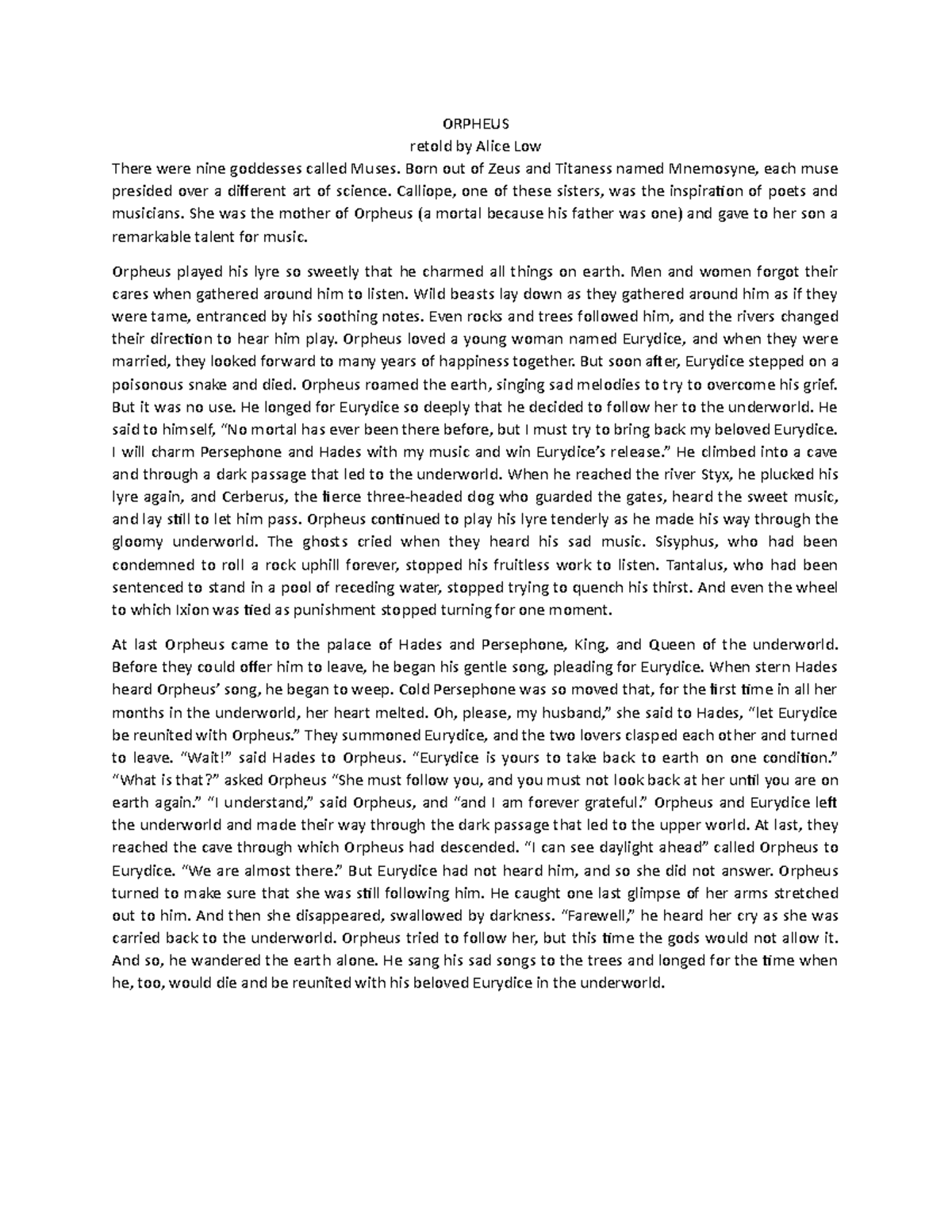 Orpheus English 10 Reading Text Week 5 - ORPHEUS retold by Alice Low ...