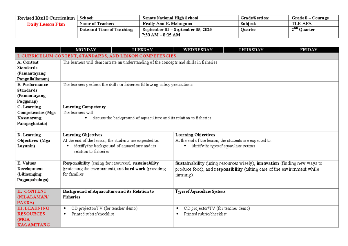 G8 - Daily Lesson Plan on Aquaculture and Fisheries - Studocu