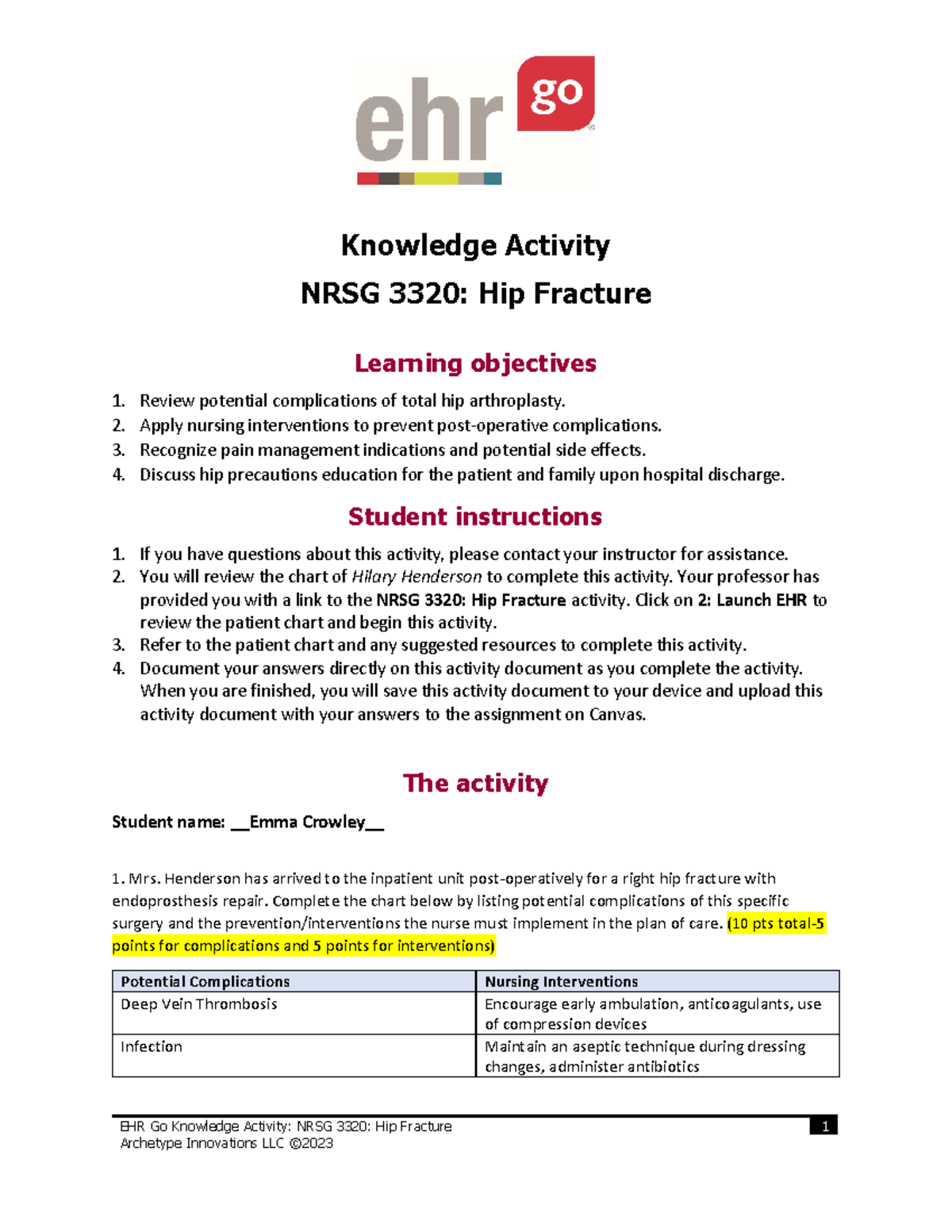Case Study - EHR Go Knowledge Activity: NRSG 3320: Hip Fracture 1 ...