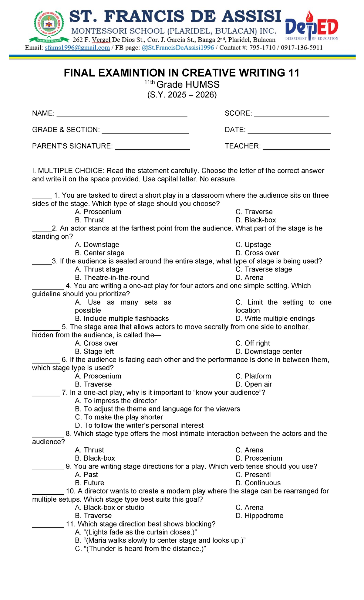 FINAL EXAM IN CREATIVE WRITING 11 (S.Y. 2025-2026) - Studocu