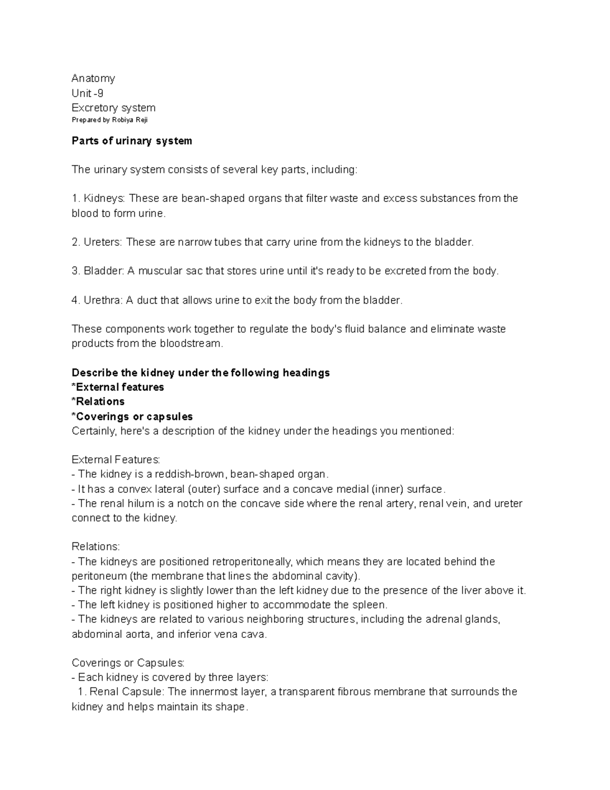 Anatomy Study: Important Notes on the Excretory System (Unit) - Studocu