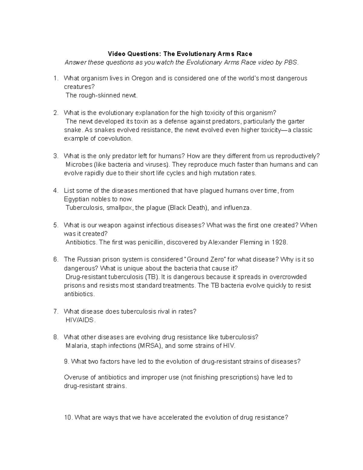 Evolutionary Arms Race Video Questions: Understanding Disease ...