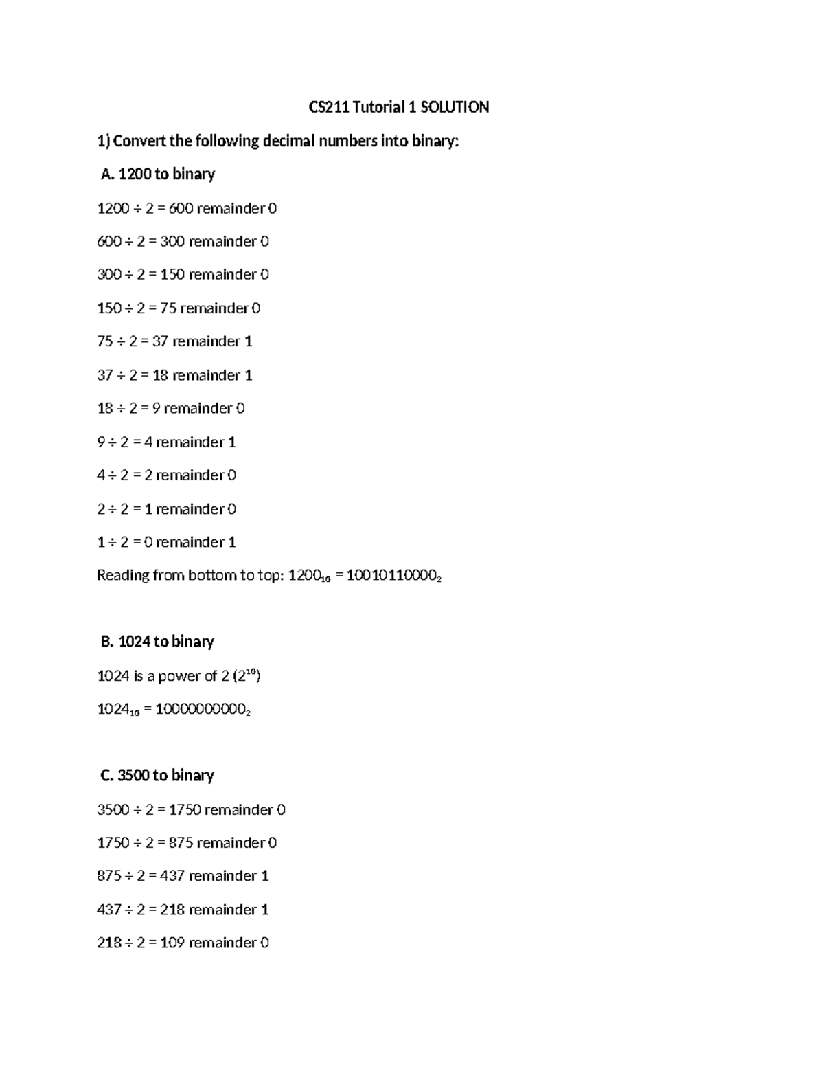 CS211 Tutorial 1: Decimal to Binary Conversion Solutions - Studocu