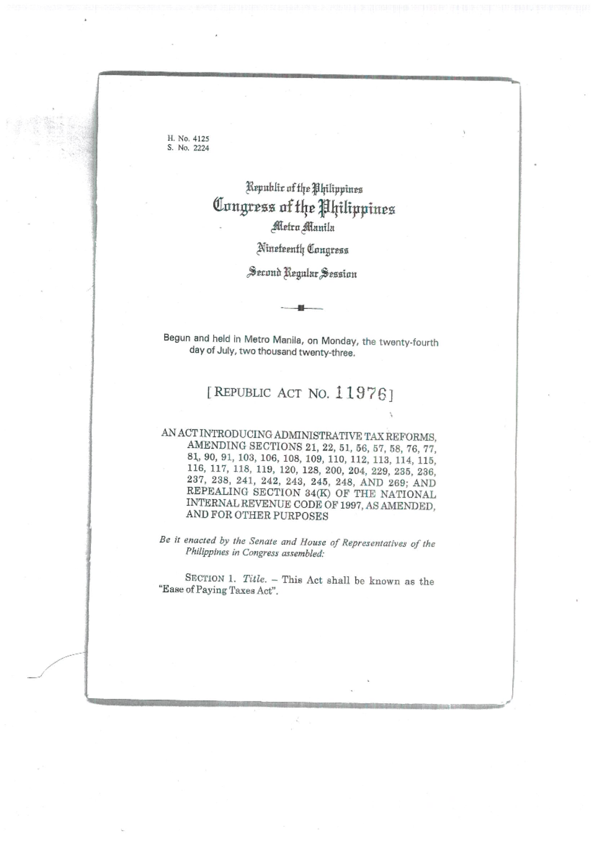 Ra 11976 2024 - LECTURE NOTES on Administrative Tax Reforms - Studocu