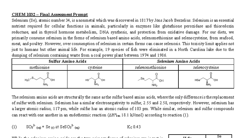 F25 CHEM 1032 Final Exam: Selenium and Its Biological Importance - Studocu
