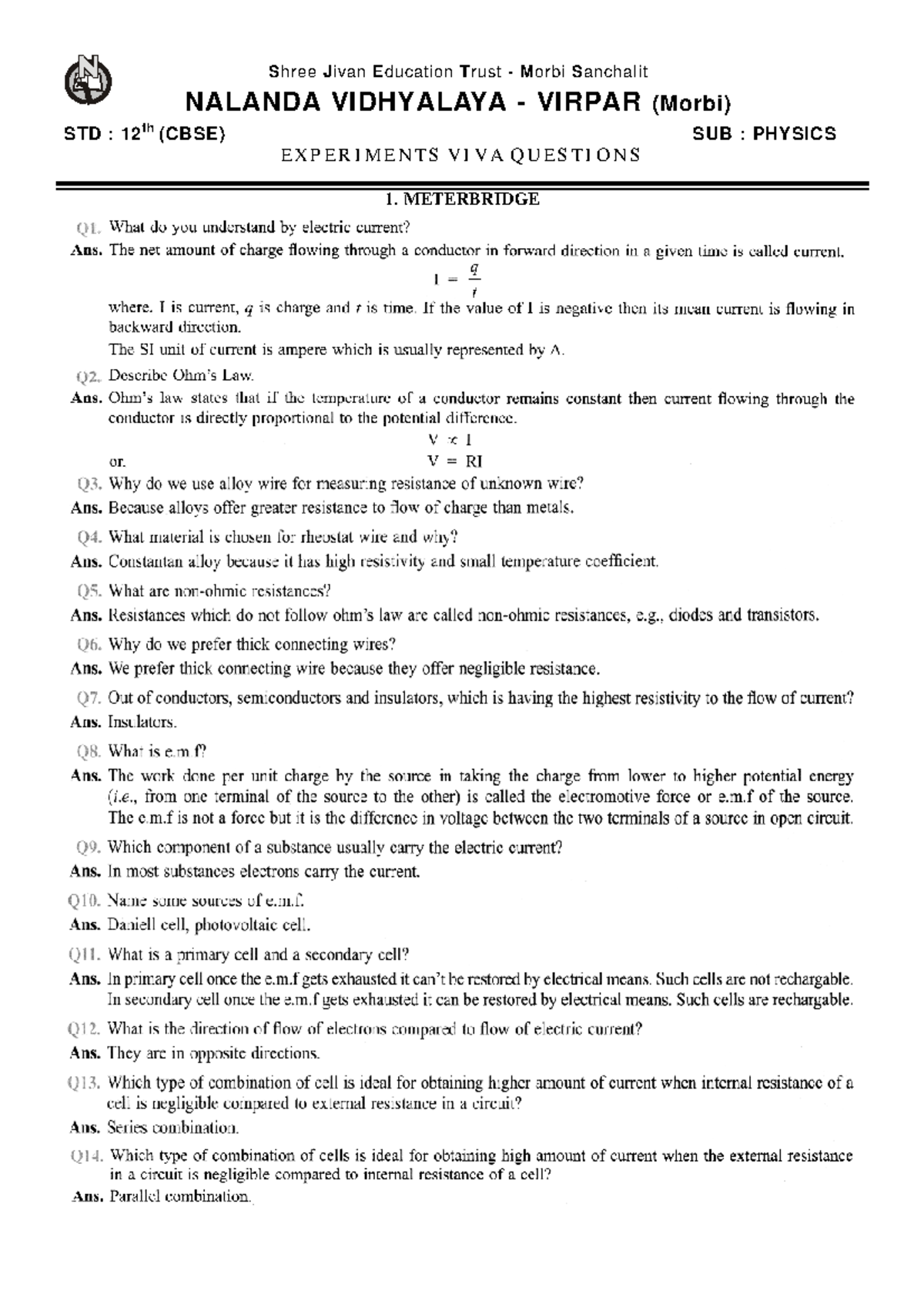 STD 12 CBSE Physics Experiments & Activities VIVA Questions - Studocu