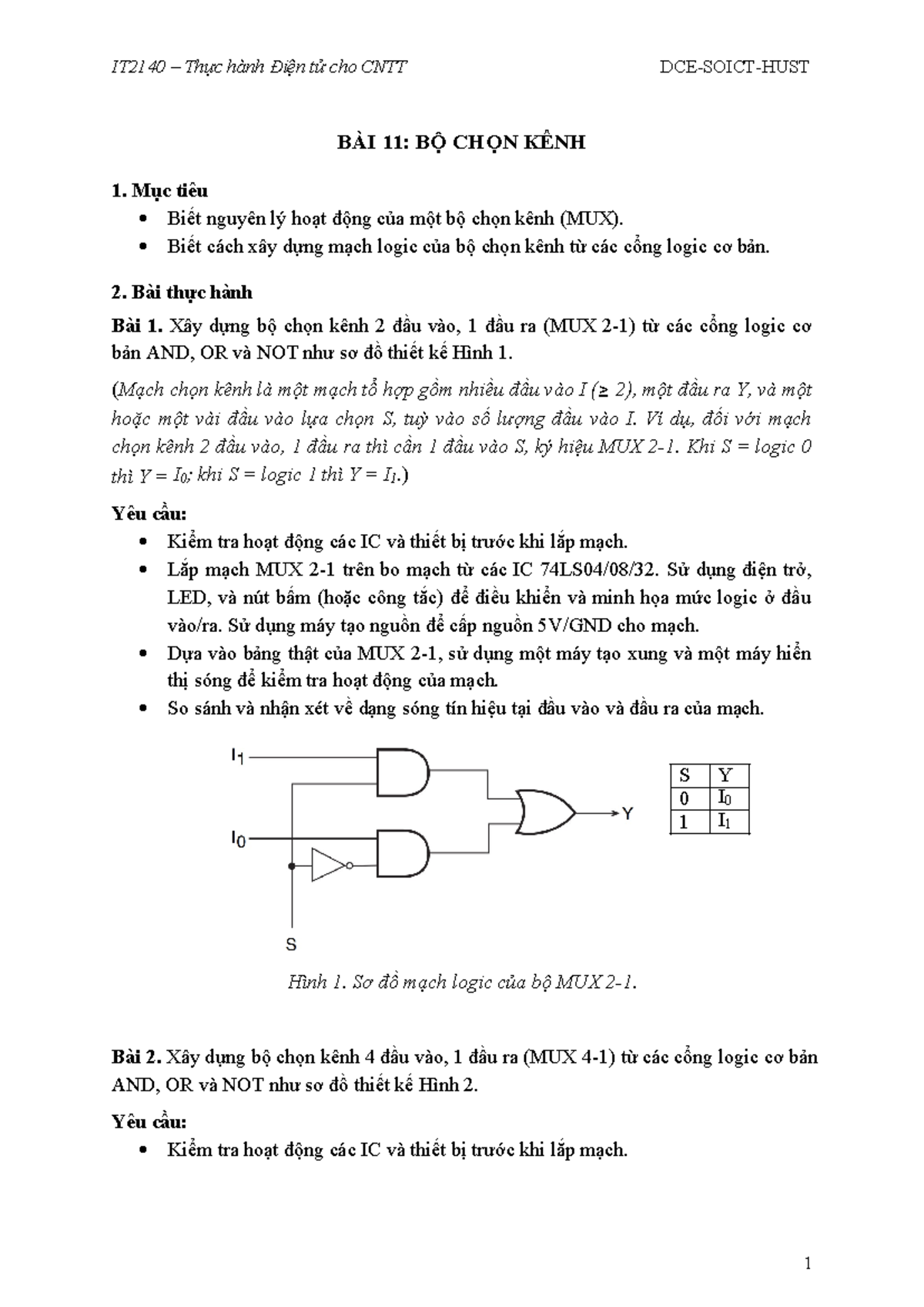Lab 11: Bộ Chọn Kênh MUX (2-1, 4-1) - IT2140 Thực Hành Điện Tử - Studocu