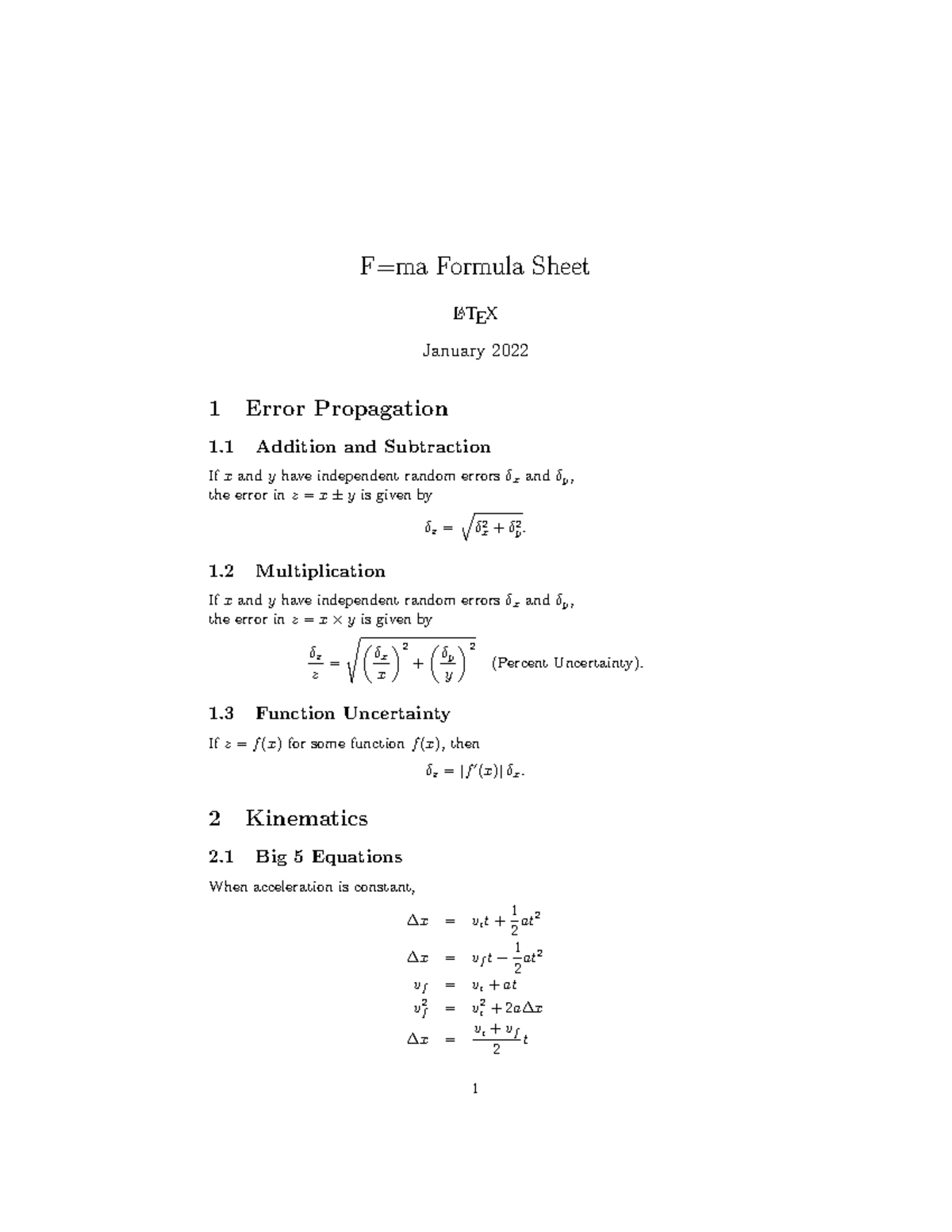 Formula Sheet for F=ma: Key Concepts and Equations - Studocu