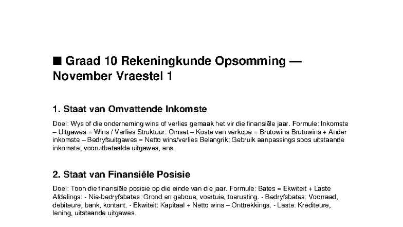 Graad 10 Rekeningkunde Opsomming: November Vraestel 1 Analise - Studocu