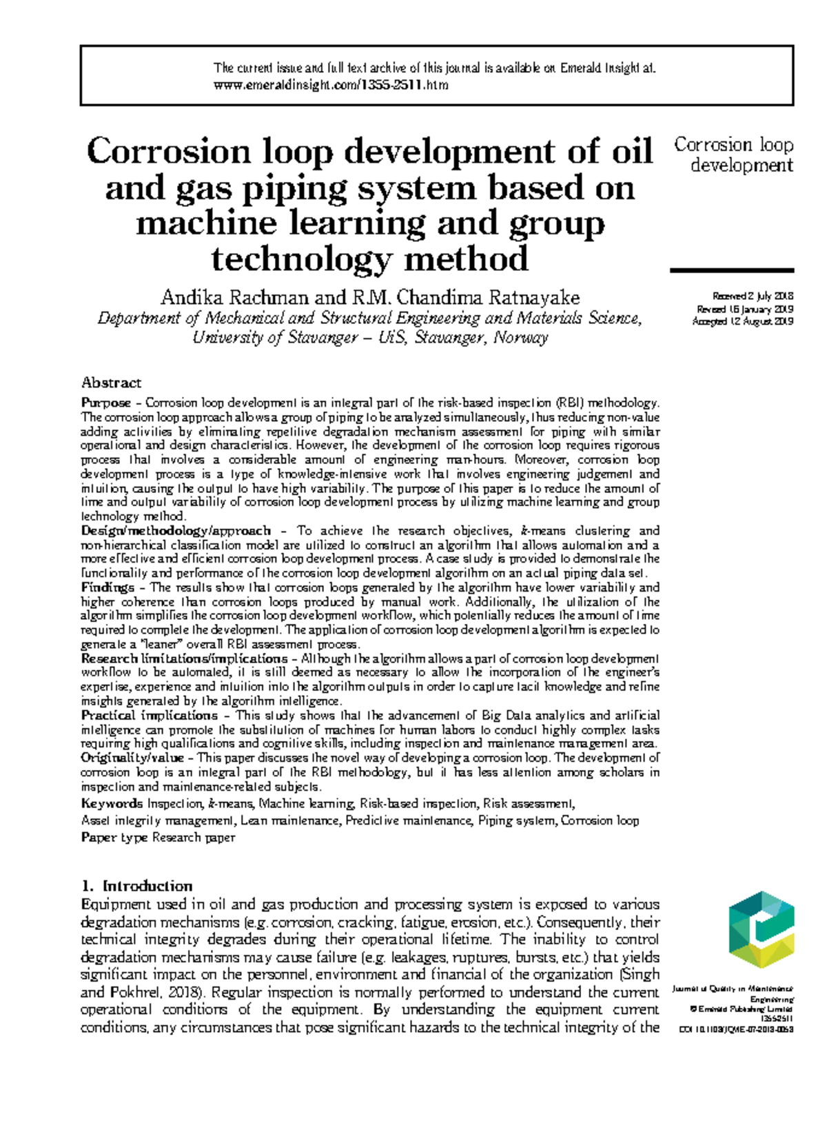 Corrosion Loop Development Using ML & Group Tech Methods (JQME) - Studocu