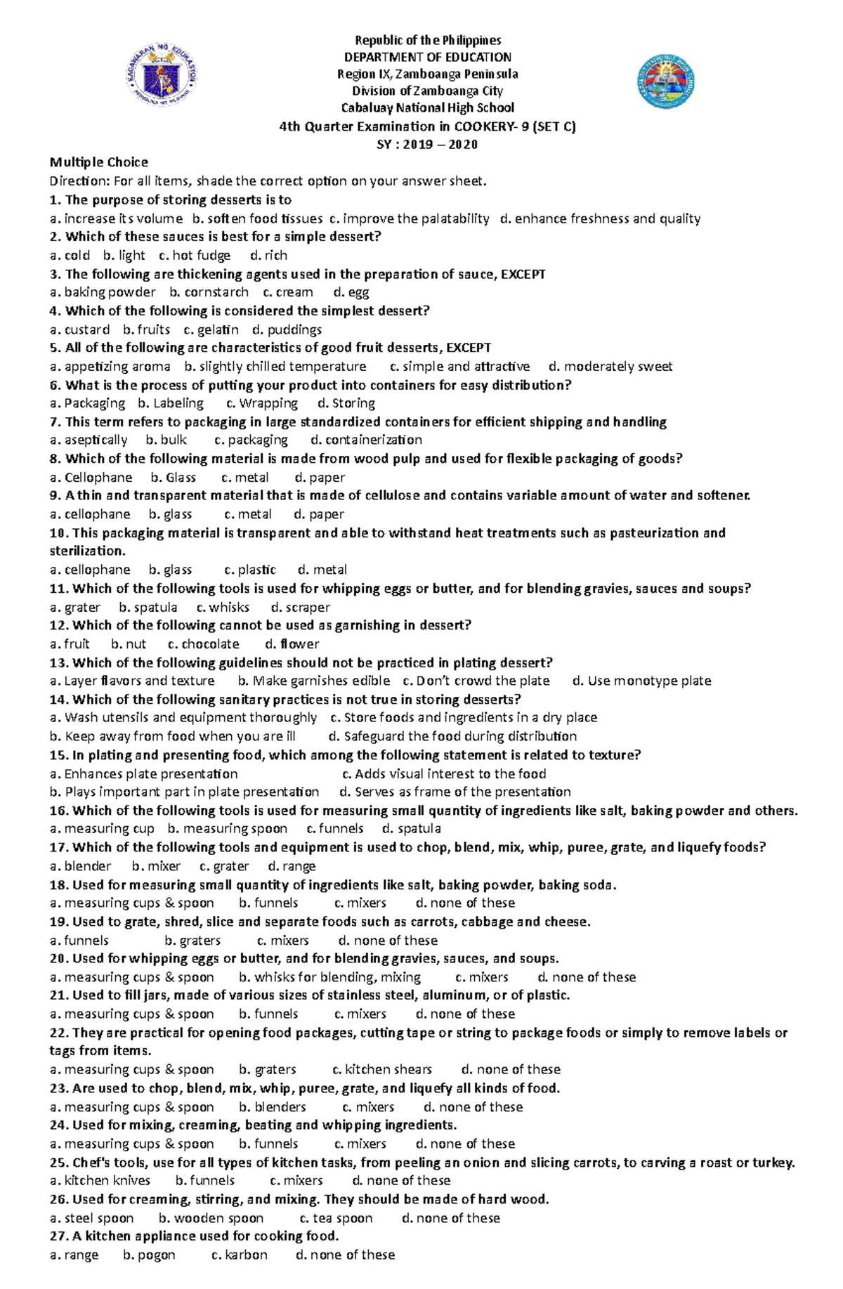 4th Quarter Exam in Cookery 9 (SET C) - Multiple Choice Questions - Studocu