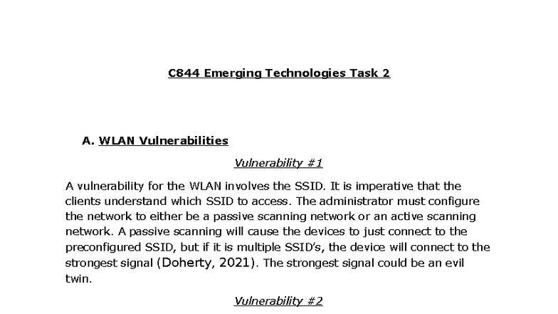 C844 Emerging Technologies Task 2: WLAN & Mobile Vulnerabilities Analysis - Studocu