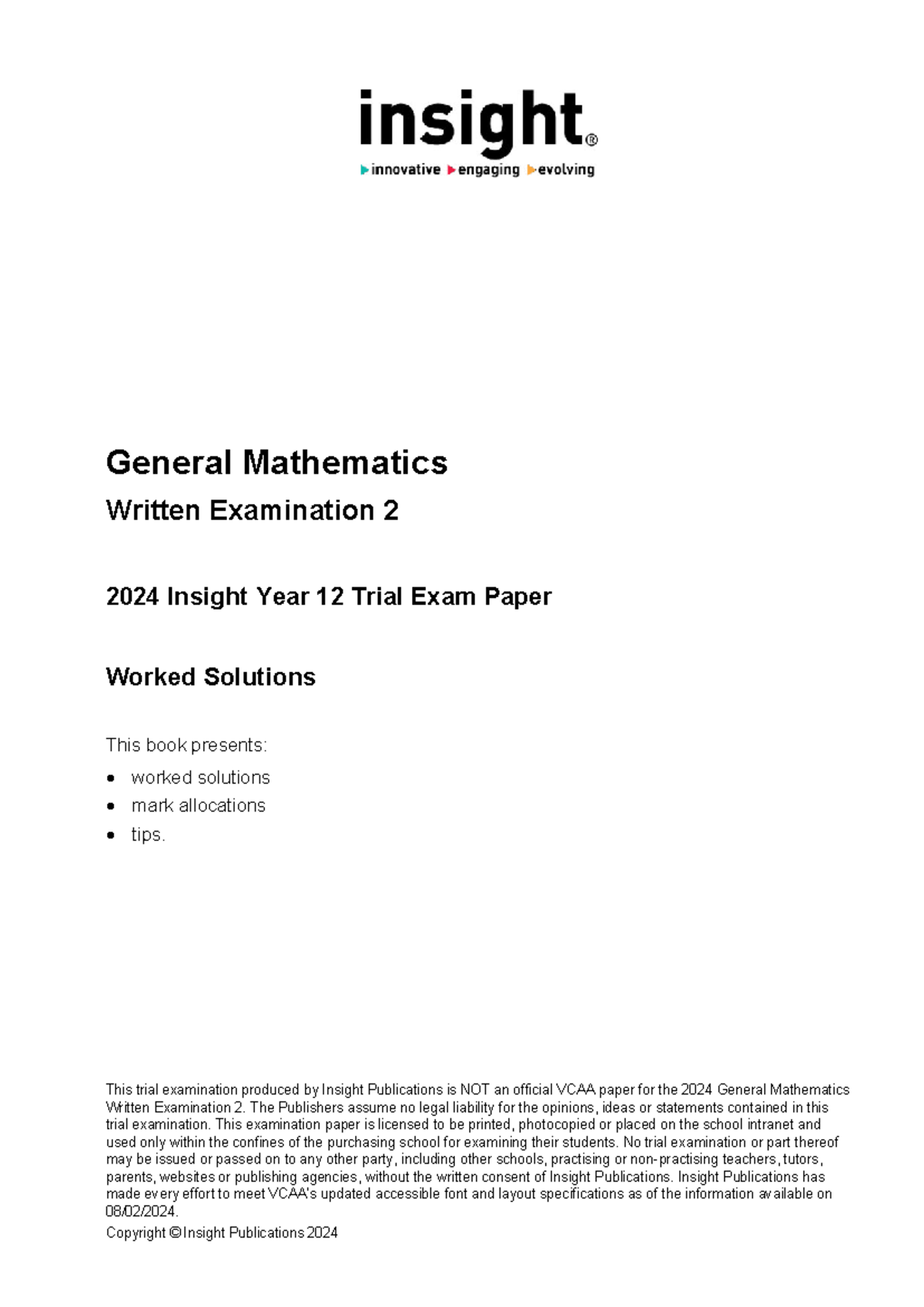 VCE General Mathematics Written Examination 2 2024 Trial Exam Solutions ...