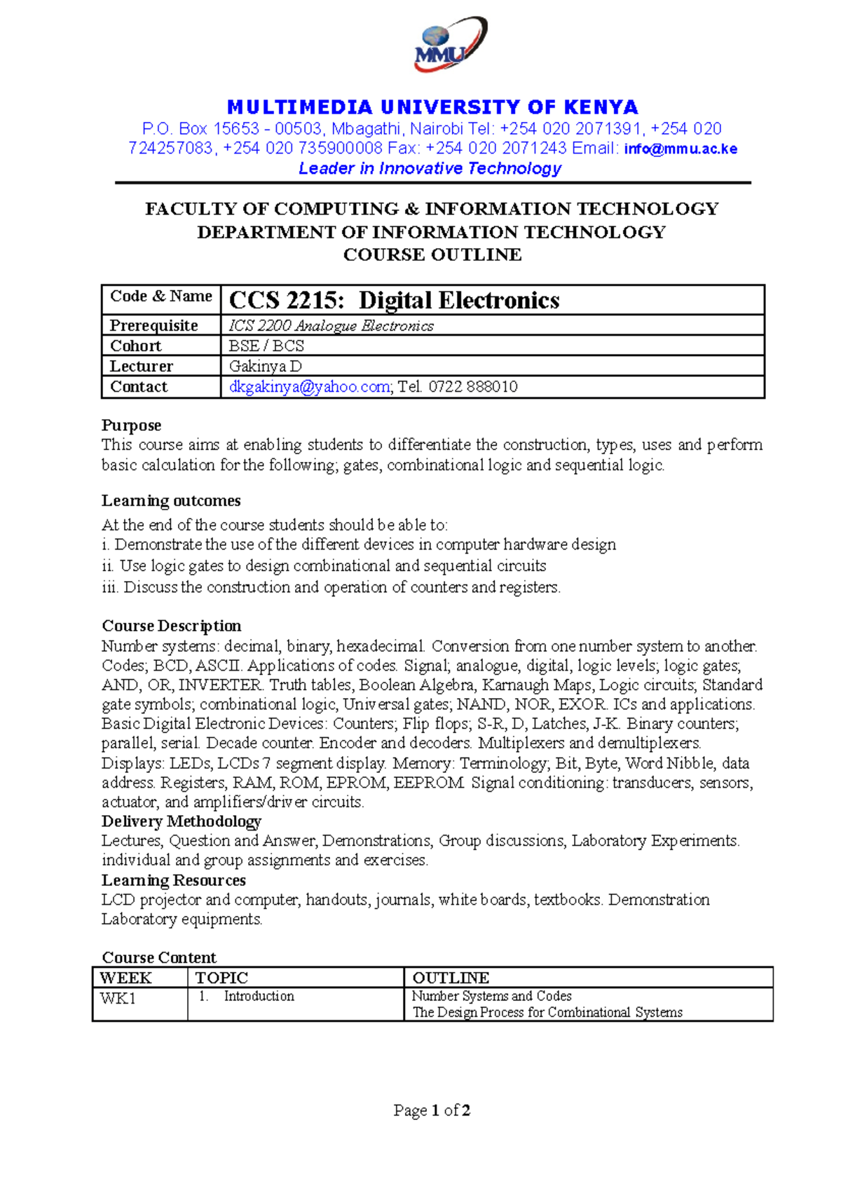 CCS 2215: Digital Electronics Course Outline and Structure - Studocu