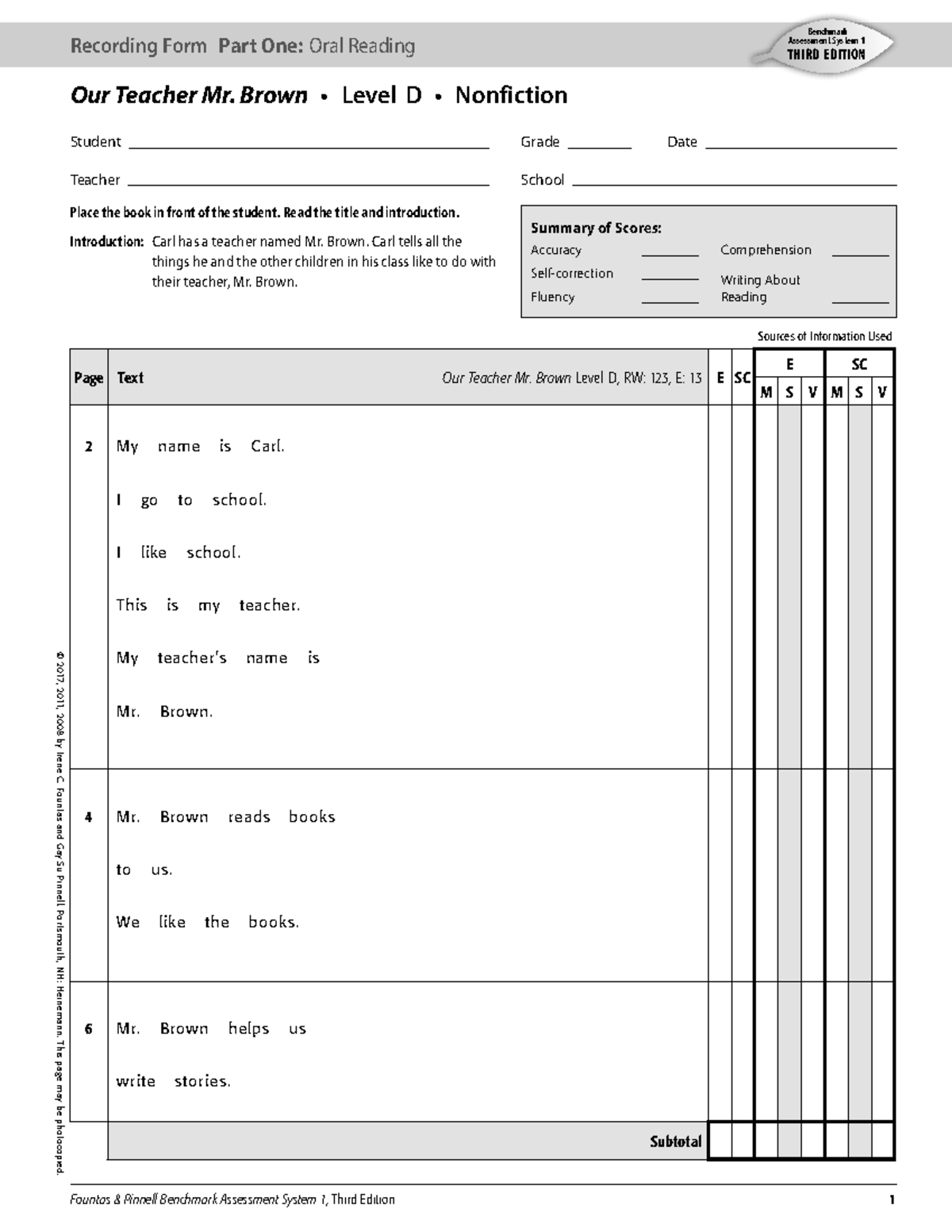 D-Our Teacher Mr. Brown: Benchmark Assessment System 1 Oral Reading ...
