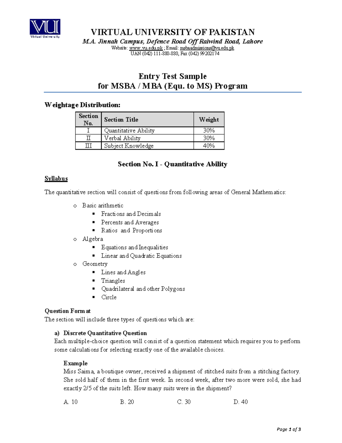 VU Admission Entry Test Sample for MSBA & MBA (Equ. to MS) - Studocu