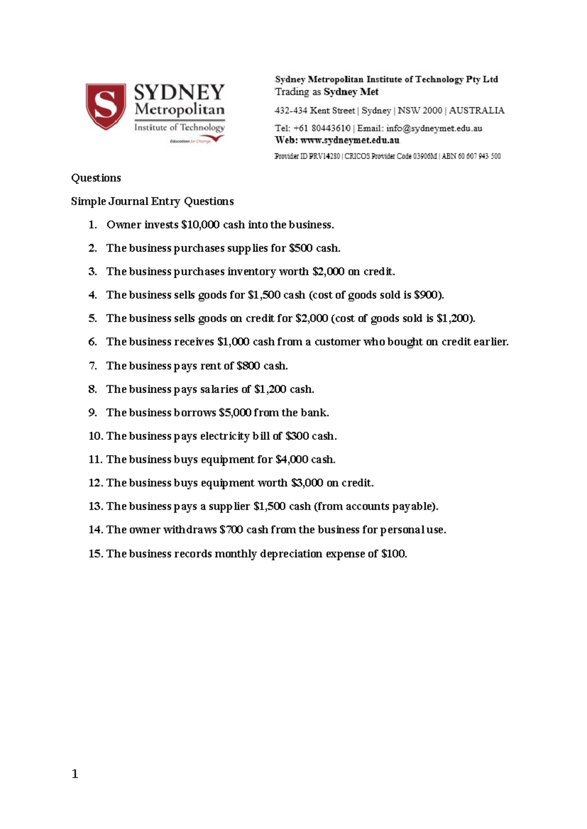 Simple Journal Entry Questions - ACC 101 Workshop Notes - Studocu