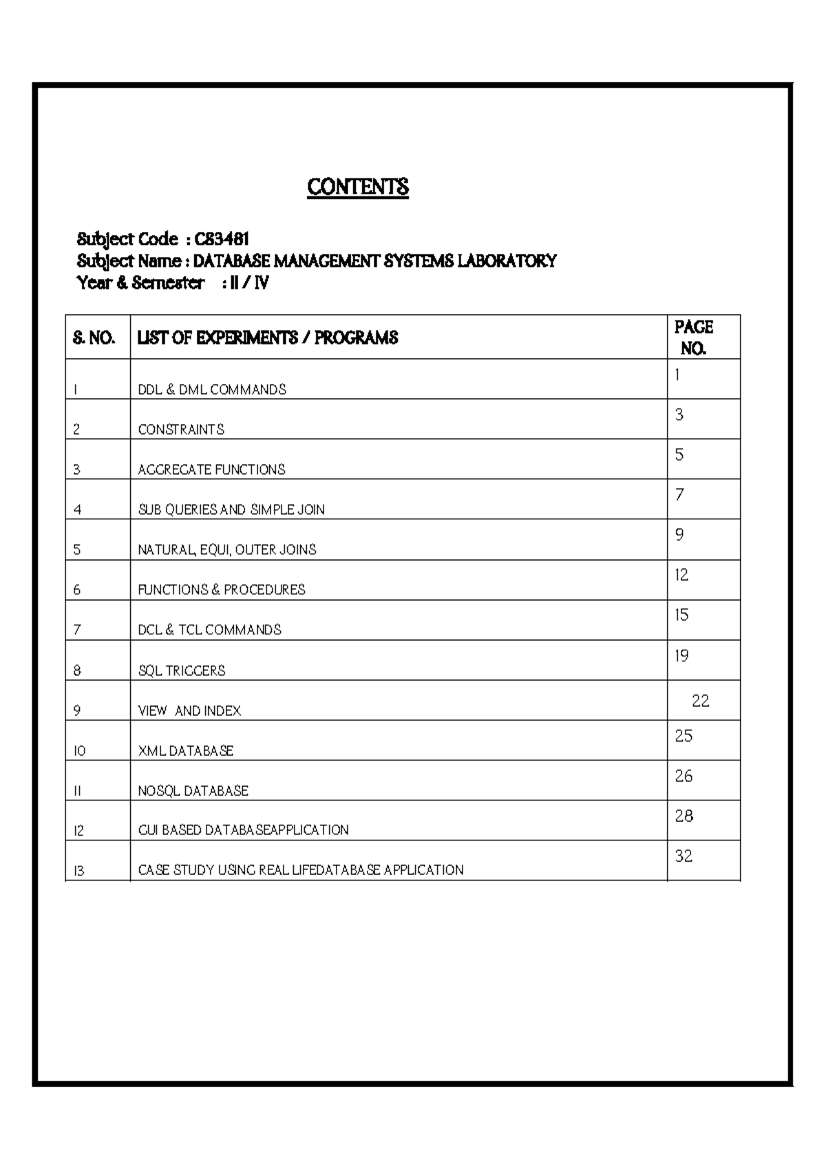 CS3481 DATABASE MANAGEMENT SYSTEMS LAB MANUAL - EXPERIMENTS & PROCEDURES - Studocu