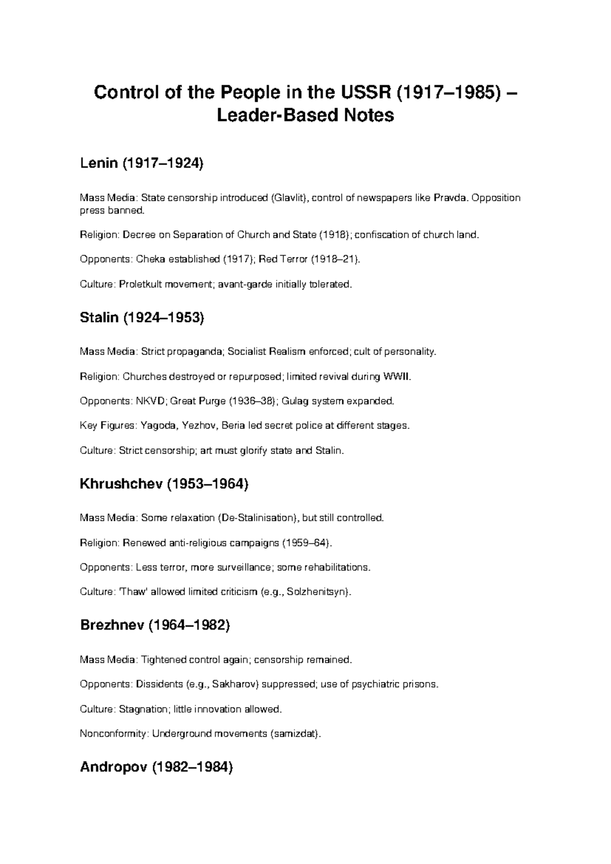 USSR Control Notes: Mass Media, Religion, and Culture Overview - Studocu