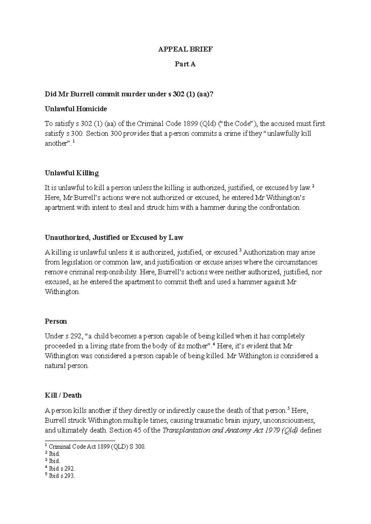 APPEAL BRIEF: Did Mr. Burrell Commit Murder Under s 302(1)(aa)? - Studocu